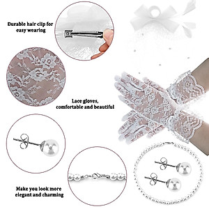 4 Pieces Fascinators Hat for Women Tea Party Hat Feathers Veil Mesh Hat Lace Gloves Bridgerton Accessories for Women Pearl Choker Necklace for Wedding Cocktail Kentucky Fascinator Headband for Women