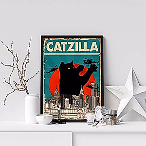Pozino Tin Signs Vintage Funny Catzilla Black Cat Tin Sign Cat Lover Gift Vintage Funny Cat Tin Sign Crazy Cat Lady Christmas Home Decor Modern Wall Art