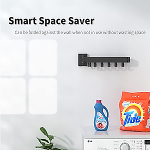 ptlsy Wall Mounted Portable Folding Clothes Drying Rack with Hooks,Space Saver Clothes Hangers Design Universal for Balcony, Mudroom, Bedroom, Kitchen, Foldable Laundry Rack (2-Pole Black)