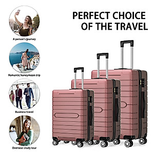 Fujampe 3 Piece Luggage Set, Lightweight Pink Hardshell Luggage Sets with Spinner Wheels & TSA Lock, Carry on Suitcase 3 Piece Sets 20''/24''/28'' (Rose Gold)