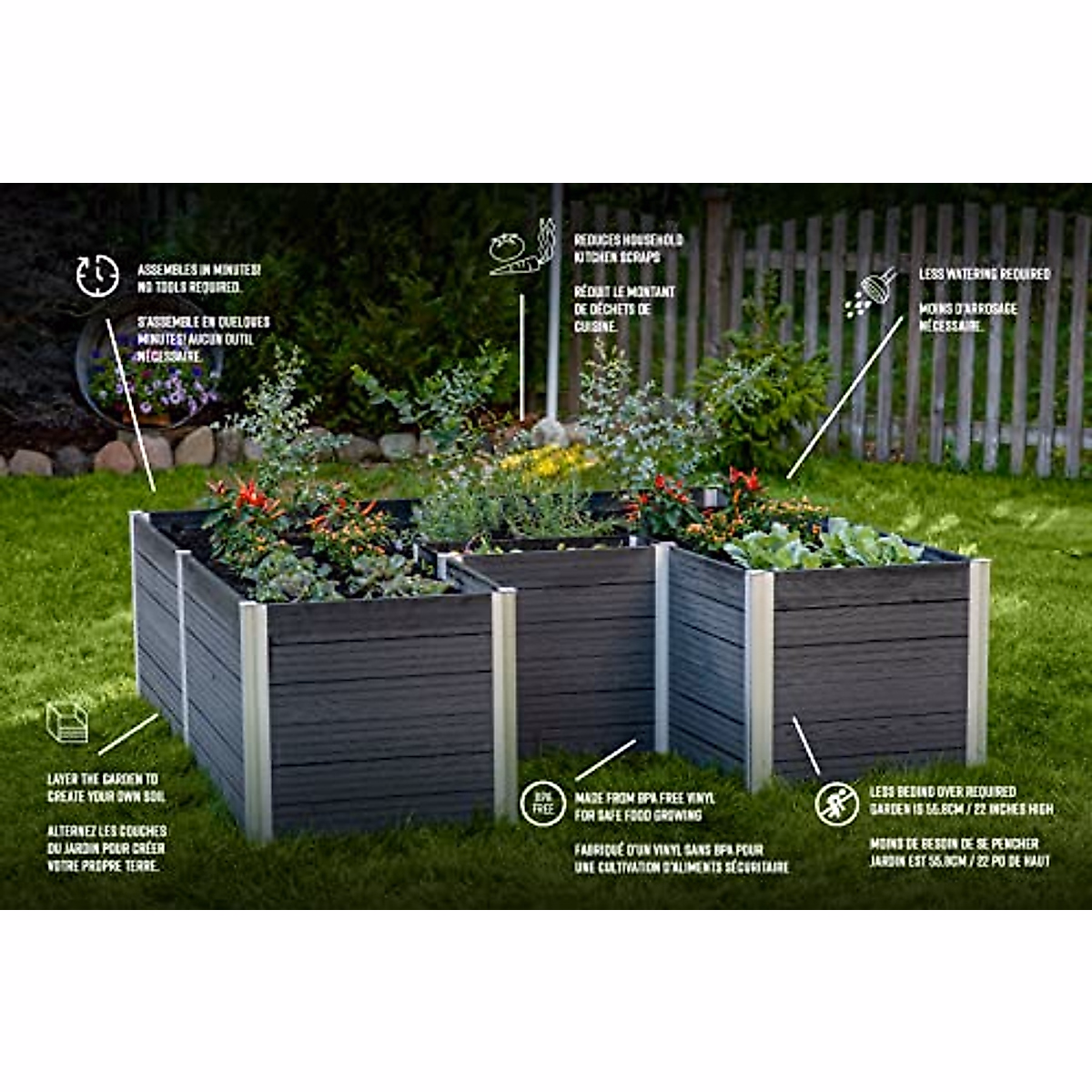 Vita Urbana 6 Foot x 6 Foot Embossed Vinyl Keyhole Garden with Composting Basket, Slate Grey, Gray, Woodgrain, PVC, BPA and Pthalate Free, VT17607