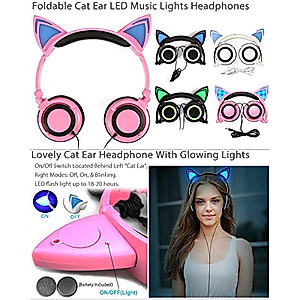 Wired Over-Ear Foldable Headphones Cat Ear Earphones with LED Light for Girls,Children.Compatible for Mp3 Mp4 Player,iPhone 6S,Android Phone.