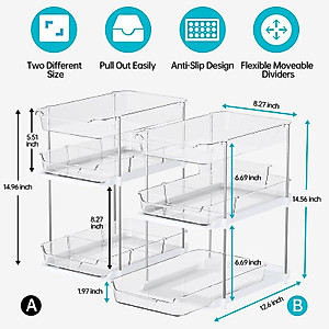 Delamu 2 Sets of 3-Tier Bathroom Under Sink Organizers and Storage, Multi-Purpose Stackable Pantry Organization and Storage, Pull Out Clear Kitchen Bathroom Cabinet Organizer with Movable Dividers