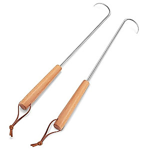 Pigtail Food Flipper 2Pcs, HaSteeL 17Inch Meat Turner Hook, Stainless Steel Pig Tail Flipper Hook With Wooden Handle, Grill Accessories for BBQ Grilling Griddle Kitchen Cooking - Left & Right Handed