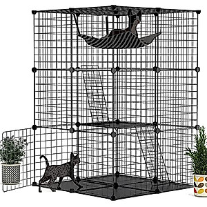 IKARE Cat Cage DIY Indoor Pet Home Small Animal House Detachable Playpen with 3 Doors 3 Tiers for Kitten Puppy Bunny Exercise. (Black，27.6 x 27.6 x 41.3Inch)