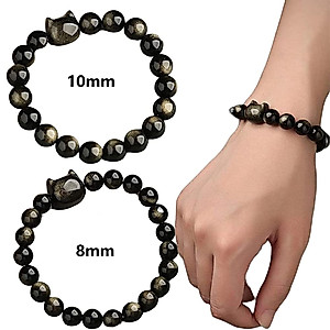 Natural Silver Obsidian Cute Cat Protection Amulet Charm Bracelet, Cat Obsidian Bead Charm Bracelet, 8/10mm Black Obsidian Crystal Bracelet, Anti Anxiety Stress Relief Jewelry Gift, Unisex (2Pcs- Gold+Silver (8mm))