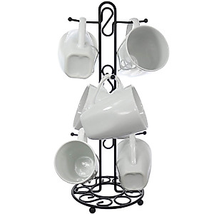 Blue Donuts Farmhouse Coffee Mug Rack, Coffee Mug Tree for 6 Mugs, Coffee Cup Holders for Counter, Black Coffee Cup Holder Countertop Organizer for Kitchen, Vintage Mug Rack