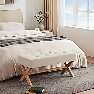HUIMO 35-inch Entryway Bench, Upholstered End of Bed Bench for Living Room, Bedroom. Dinning Bench Seat with X-Shaped Legs for Kitchen, Solid Wood Indoor Bench for Foyer, Hallway (Beige)