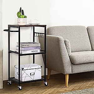 NANANARDOSO Kitchen Cart on Wheels, 3 Tier Mesh Utility Storage Cart, Wood Look Top and Metal Frame Rolling Pantry Cart for Kitchen, Living Room, Laundry Storage, Rustic Brown.