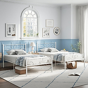 VECELO Twin Size Bed Frame with Headboard, 14 Inch Metal Platform Mattress Foundation, No Box Spring Needed, Easy Assembly, 2 PCS, White