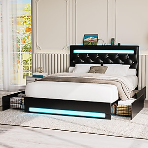 LIKIMIO Full Size Bed Frame with LED Light, PU Leather Platform Bed Frame with 4 Drawers, Adjustable Crystal Button Tufted Headboard, No Box Spring Needed, Black