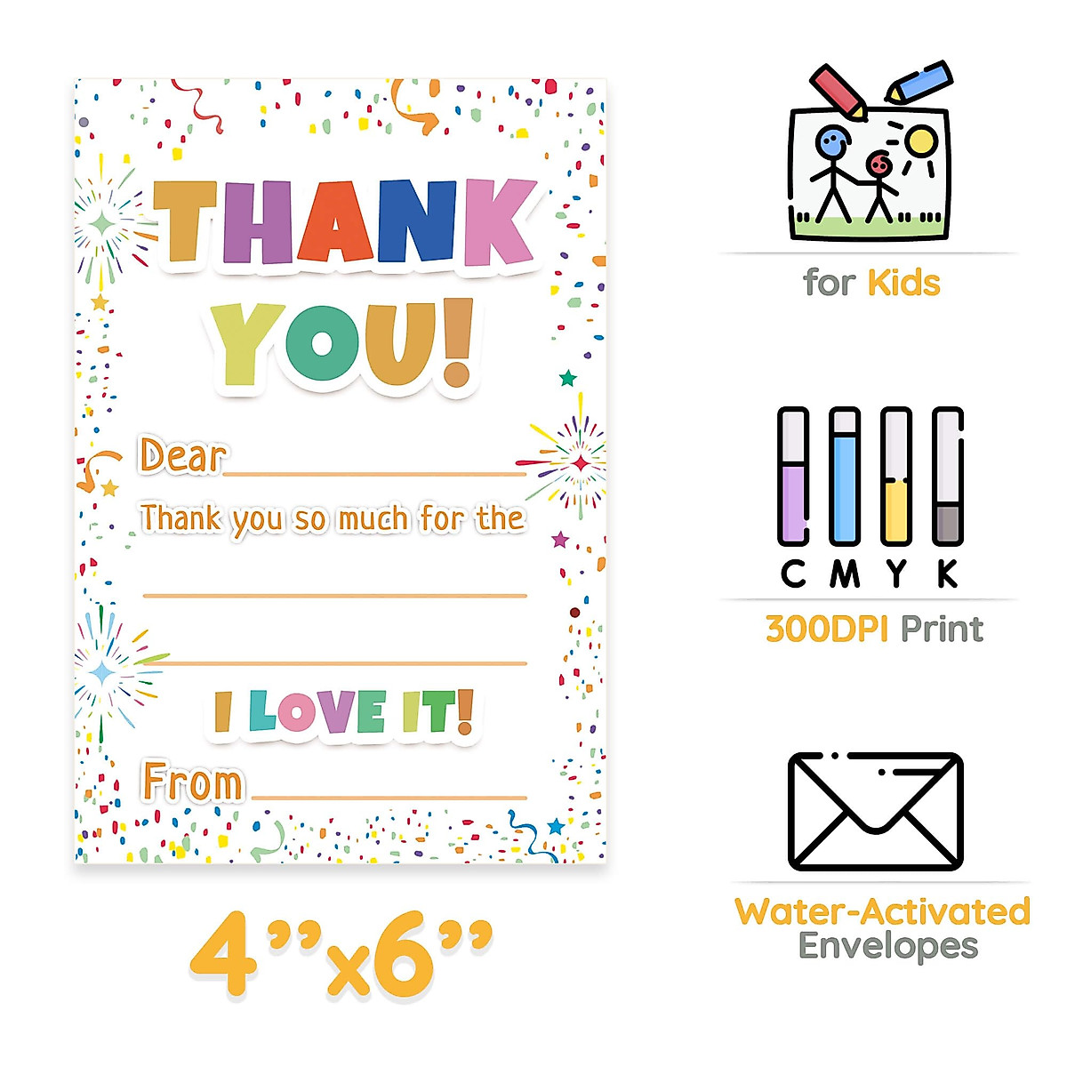 Vusnud 72Pcs Kids Thank You Cards, Fill in The Blank Thank You Notes with Envelopes from Teacher for Birthday (4x6 In)