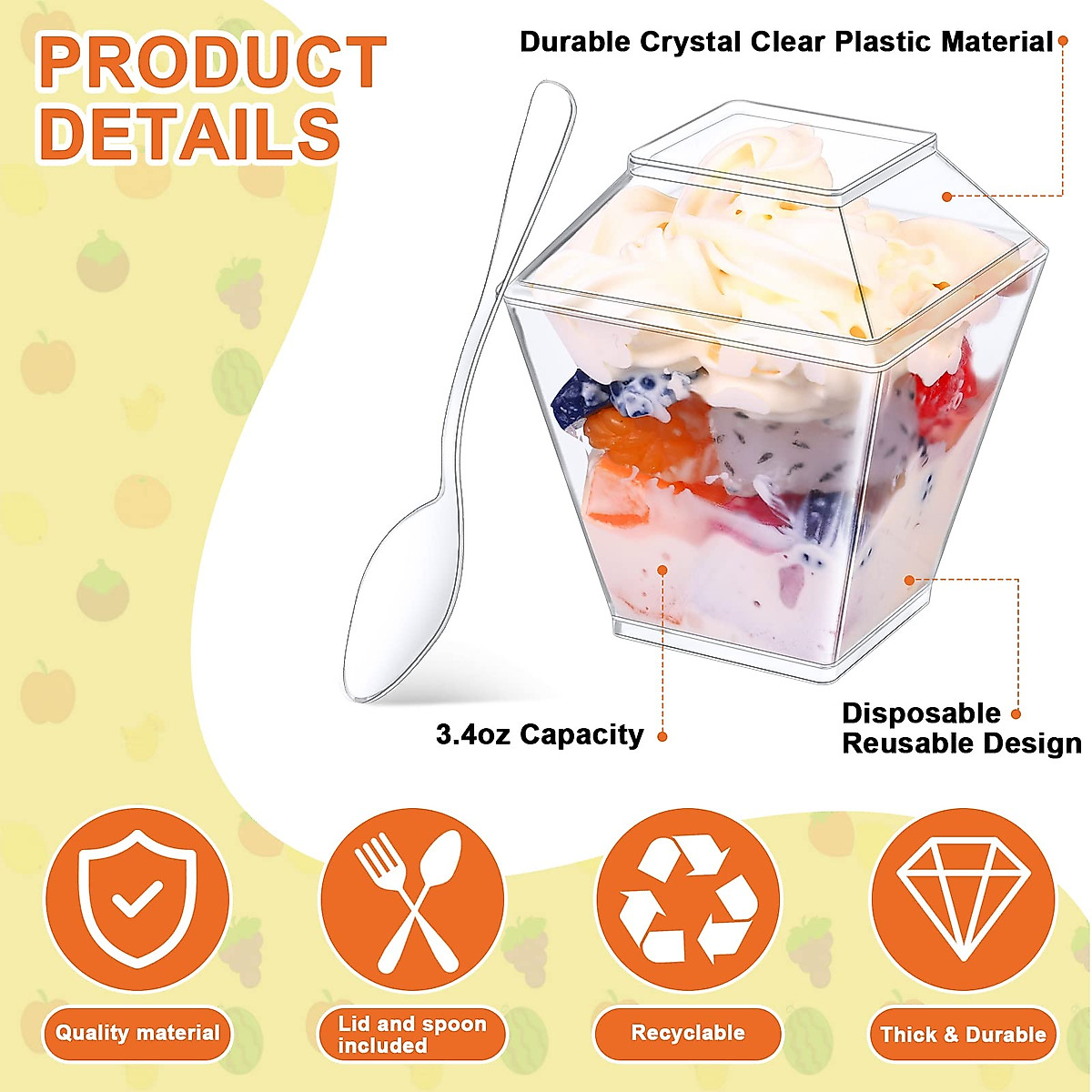 600 Pcs 3.4 oz Plastic Dessert Cups Parfait Cups with Lids and Spoons Mini Appetizer Cups Clear Square Disposable Cups Dessert for Pudding Fruit Ice Cream Wedding Baby Shower Birthday Decorations