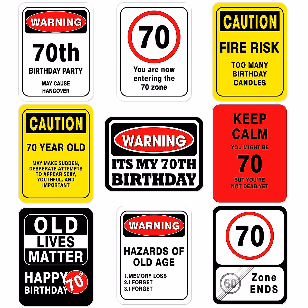 WERNNSAI 70th Birthday Decorations - 9 PCs 70s Old Zone Party Decorations, Funny Yard Banner for Grandma Grandpa, Table Centerpieces Door Wall Windows Signs Photo Booth Props for Men Women, Happy Bday Decor