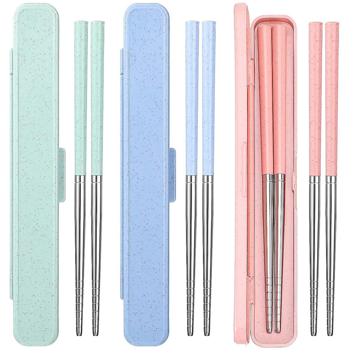 3 Pieces Portable Chopsticks with Case, Reusable Chopsticks Flatware Set, Metal Stainless Steel Travel Chop Sticks with Handle, Japanese Chinese Korean Chopsticks for Bento Box