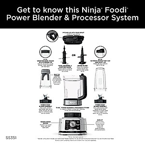 Ninja SS351 Foodi Power Blender & Processor System 1400 WP Smoothie Bowl Maker & Nutrient Extractor* 6 Functions for Bowls, Spreads, Dough & More, smartTORQUE, 72-oz.** Pitcher & To-Go Cups, Silver