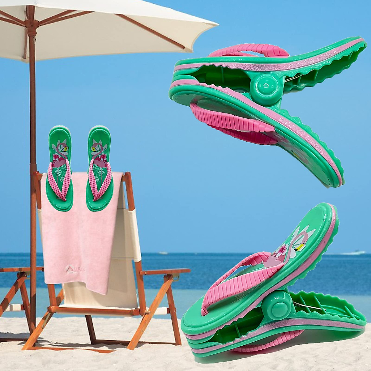 2 Pieces Beach Towel Clips Flamingo Pattern Beach Towel Clip Portable Towel Holder Clips for Beach Chairs Deck Patio Heavy Duty Laundry Clothes Pool Sun Loungers Clip Seaside Indoor Outdoor