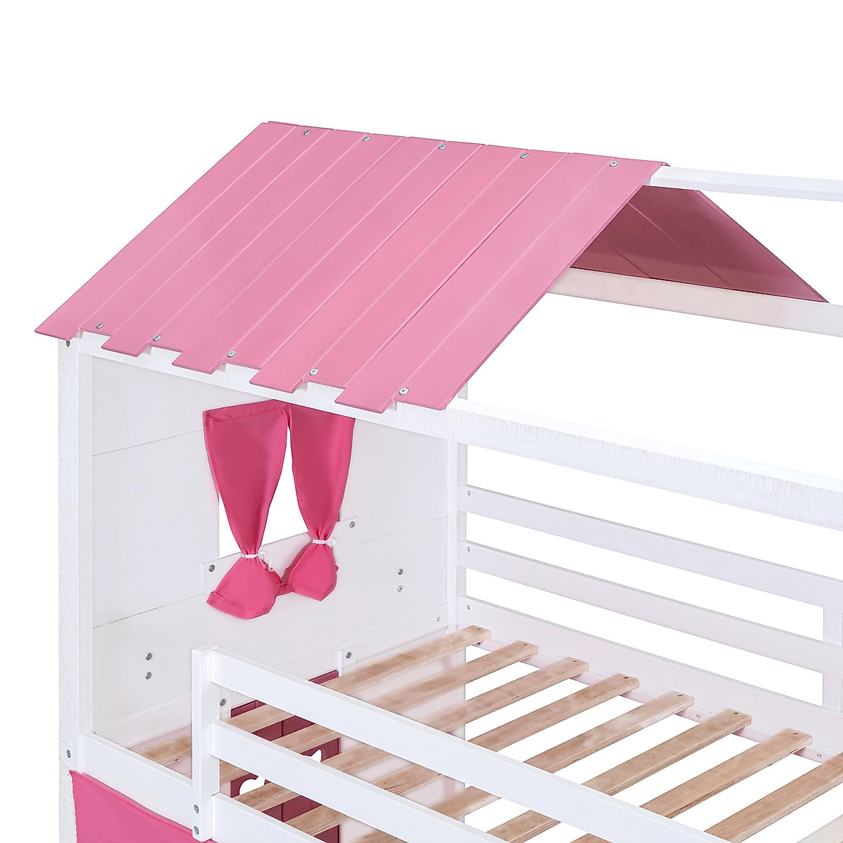 Favfurish Full Size Bunk Wood House Bed with Elegant Windows, Sills and Tent,Castle Design Wooden Bed Frame,w/Safety Guardrails & Ladder,for Kids,Teens,Boys,Girls,Pink+White