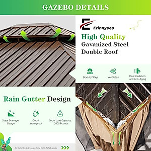 Erinnyees 12' x 16' Aluminum Wood Grain Hardtop Gazebo, Outdoor Aluminum Double Roof with Privacy Curtain and Mosquito Net for Patio, Lawn, Garden, Backyard(Wood Looking)