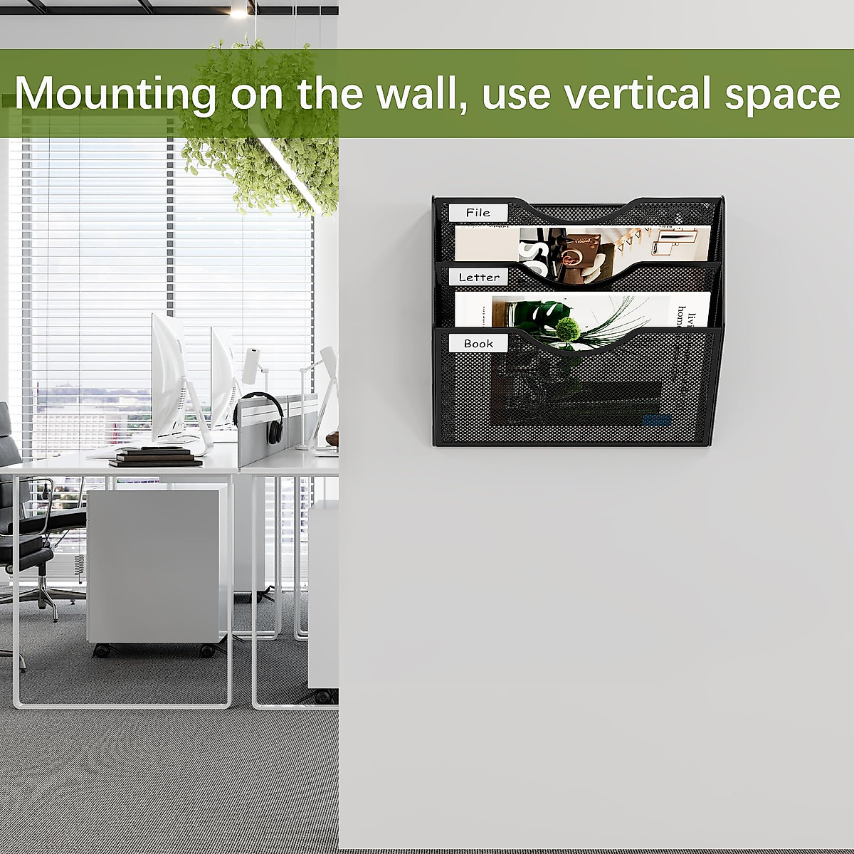 EasyPAG Office File Organizer 3 Pocket Vertical Wall Hanging File Folders Holder Mail Paper Holder Rack ,Black