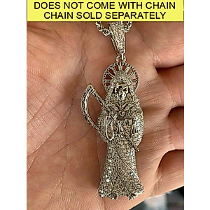 Solid 925 Sterling Silver - Large Men's Grim Reaper Death Pendant - Iced Santa Muerte Piece - Great Necklace (gold-plated-silver)