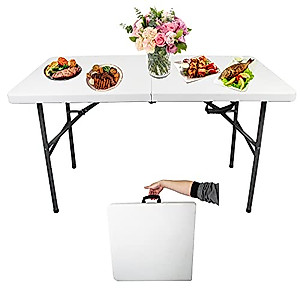 CMFTGDS 4ft Plastic Folding Table, Indoor Outdoor Folding Utility Table Plastic Dining Table for Picnic Party Camping, Portable w/Handle Fold Up Table with Lock, Adjustable Height, White