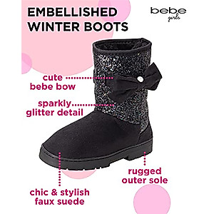 bebe Girls Winter Micro Suede Boots with Rhinestone Embellished Logo & Bow, Black Glitter, Size 2 Little Kid