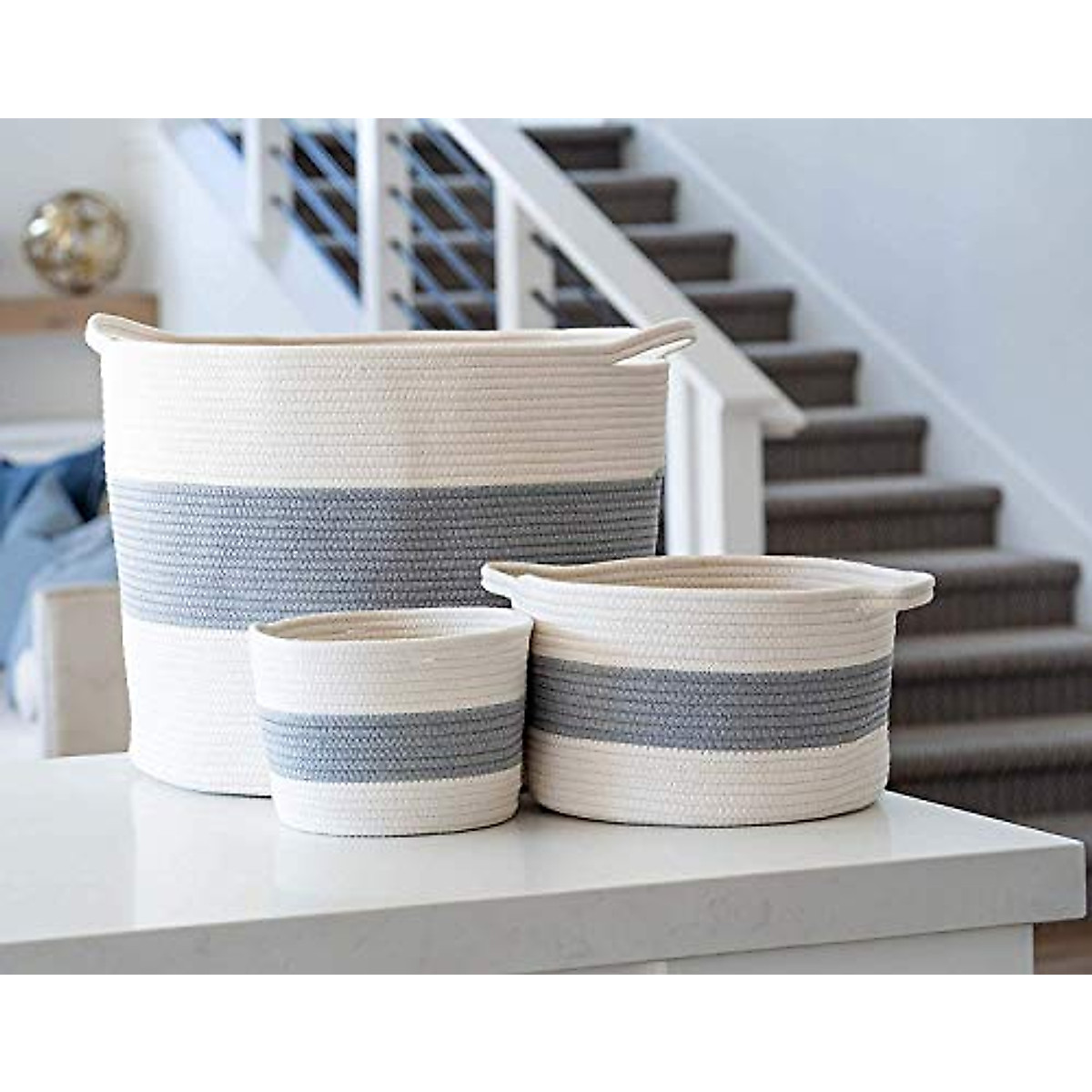 LITTLE HIPPO 3 Pcs Big Blanket Basket Living Room - (21"x16") Extra Large Rope Woven Baskets for Storage | 100% Natural Cotton Decorative Toy Basket with Handles | Boho Laundry Basket for Floor