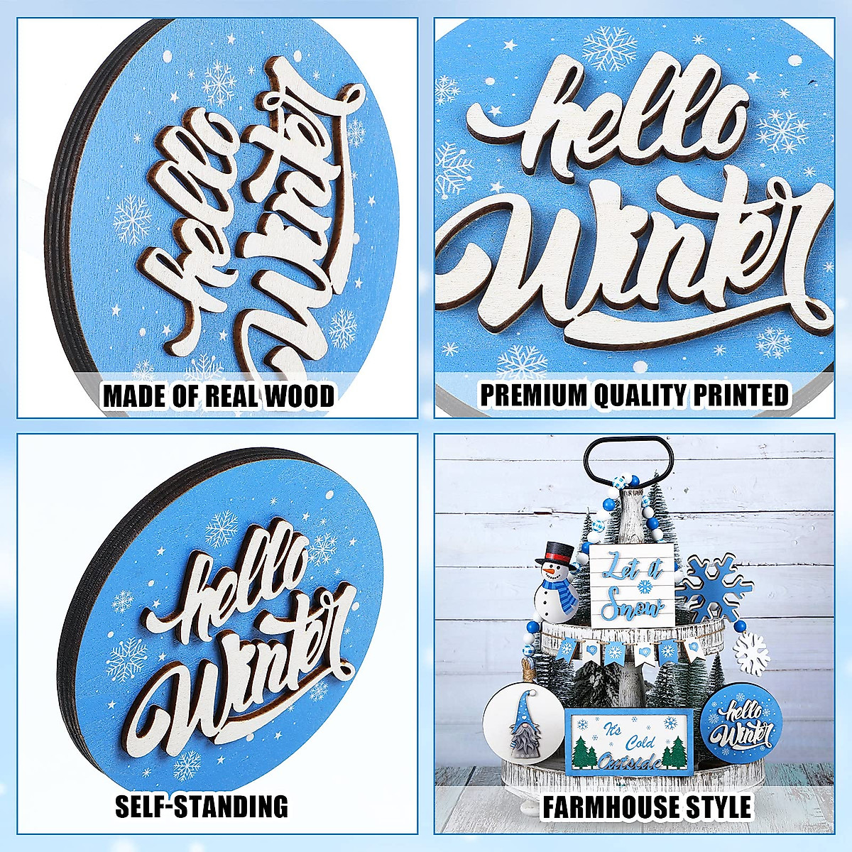 Honoson 13 Pcs Christmas Winter Tiered Tray Decor Snowman Snowflakes Gnome Winter Wooden Sign Set Christmas Tiered Tray Snowflake Sign Winter Tabletop Decor Let It Snow for Holiday Christmas Decor