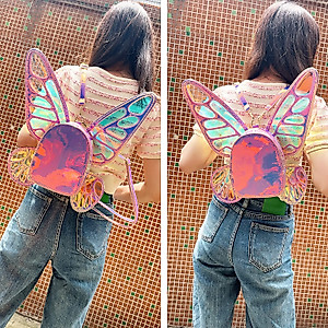 ENJOININ Women's Laser Holographic Backpack Butterfly Angel Wings Casual Daypack Shoulder bag for Young Girls (Laser Pink)