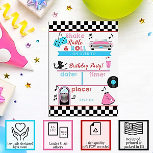 50's Sock Hop Birthday Party Invitations, 20 5x7 Fill In Cards with Twenty White Envelopes by AmandaCreation