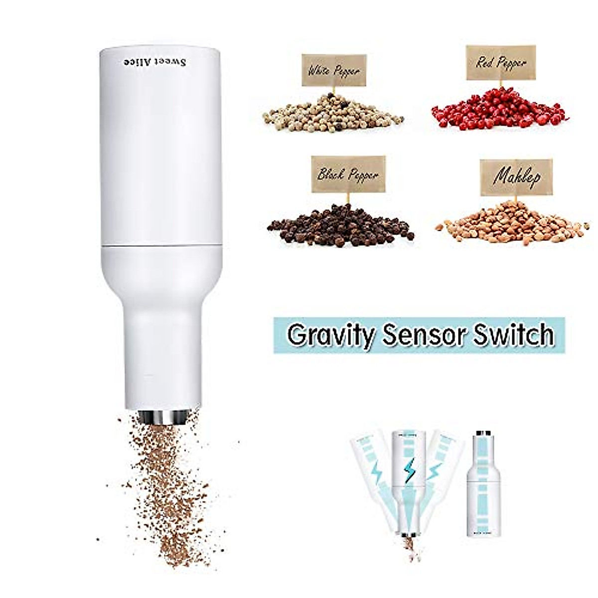 HAITRAL Electric Gravity Salt and Pepper Grinder Set, 2 Pack Electric Ceramic Core Mills Shaker, Battery Operated, One Hand Automatic Operation, Adjustable Coarseness, Black and White