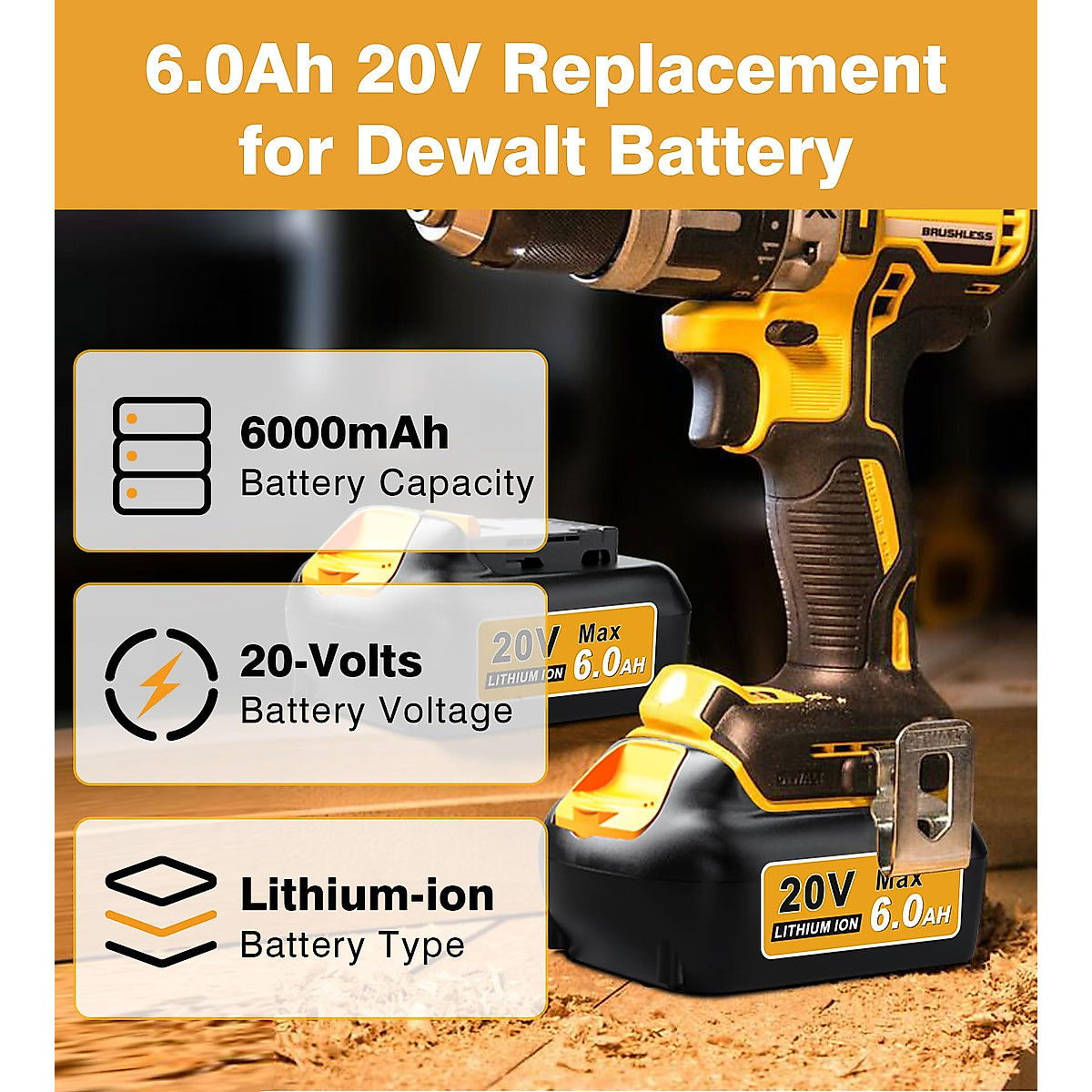 COMRGIKE Upgraded 2Pack 6.0Ah Replacement for Dewalt 20V Battery Compatible with Dewalt 20V Max Battery DCD/DCF/DCG/DCS Series Tools for Cordless Power Tools…