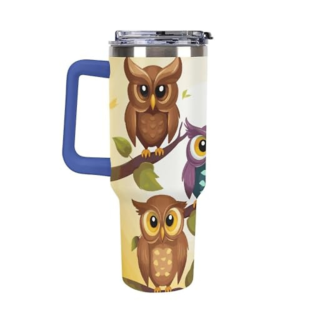 LLUTSNTH 40 Oz Vacuum Tumbler with Deep Blue Handle Leakproof Insulated Tumbler Owls Birds Stainless Steel Travel Mug with Lid And Straw Coffee Cup Cute Water Bottles Cup Holder Friendly