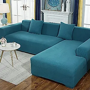 TVPFM Velvet Plush L Shape Sofa Cover L Shape Sectional Couch Cover,1 2 3 4 5 Seater Stretch Sofa Slipcover for Pets Dogs Furniture Protector with Elastic Bottom-Lake Blue 4 Seater 235-30