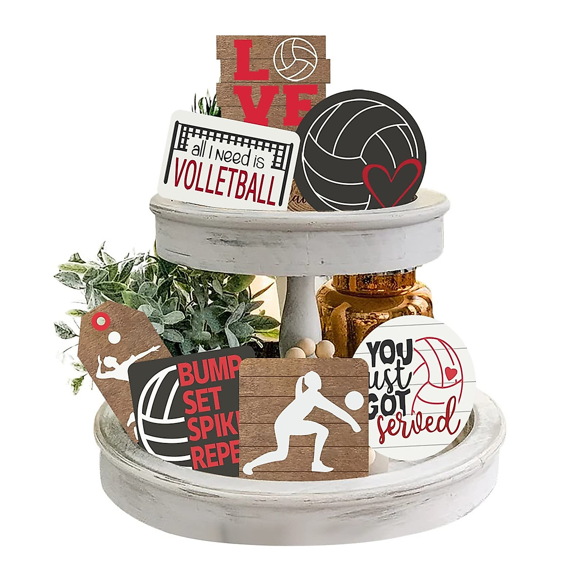 Volleyball Tiered Tray Decoration Set, Wooden Women's Volleyball Sports Decoration, Summer Autumn Farmhouse Ornament, Volleyball Sports Layered Tray Decor