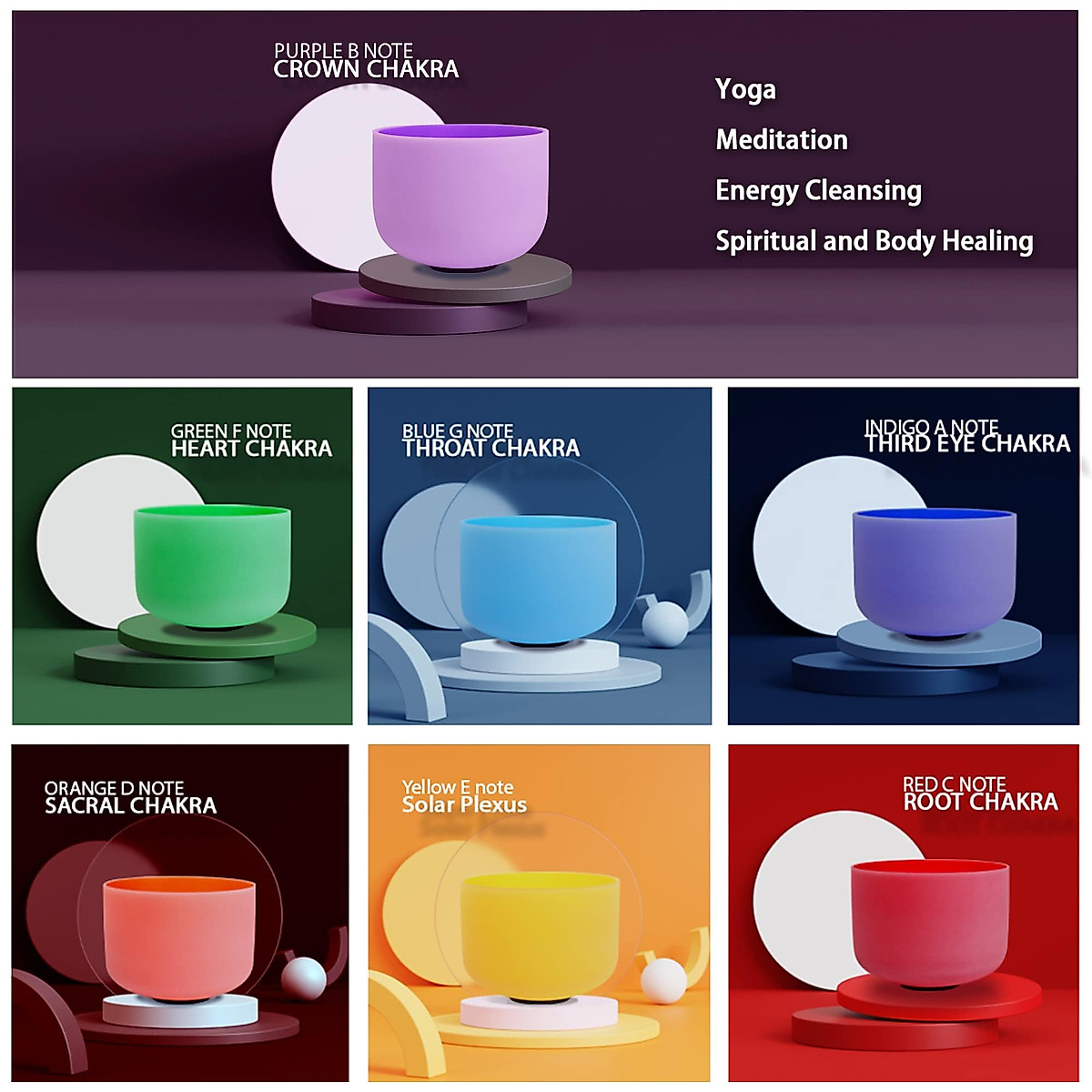 FMTY Singing Bowl 7pcs 6-12Inch A-G Note colored Crystal Singing Bowl with Soft Carrying Bag Mindfulness, Yoga, Spiritual and Body Healing and Energy Cleansing