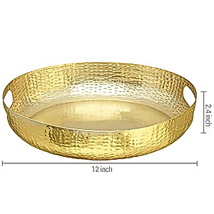 MyGift 12 Inch Round Brass Metal Handcrafted Unique Serving Tray with Hammered Pattern Design and Cut Out Handles, Decorative Coffee Table Tray - Handmade in India