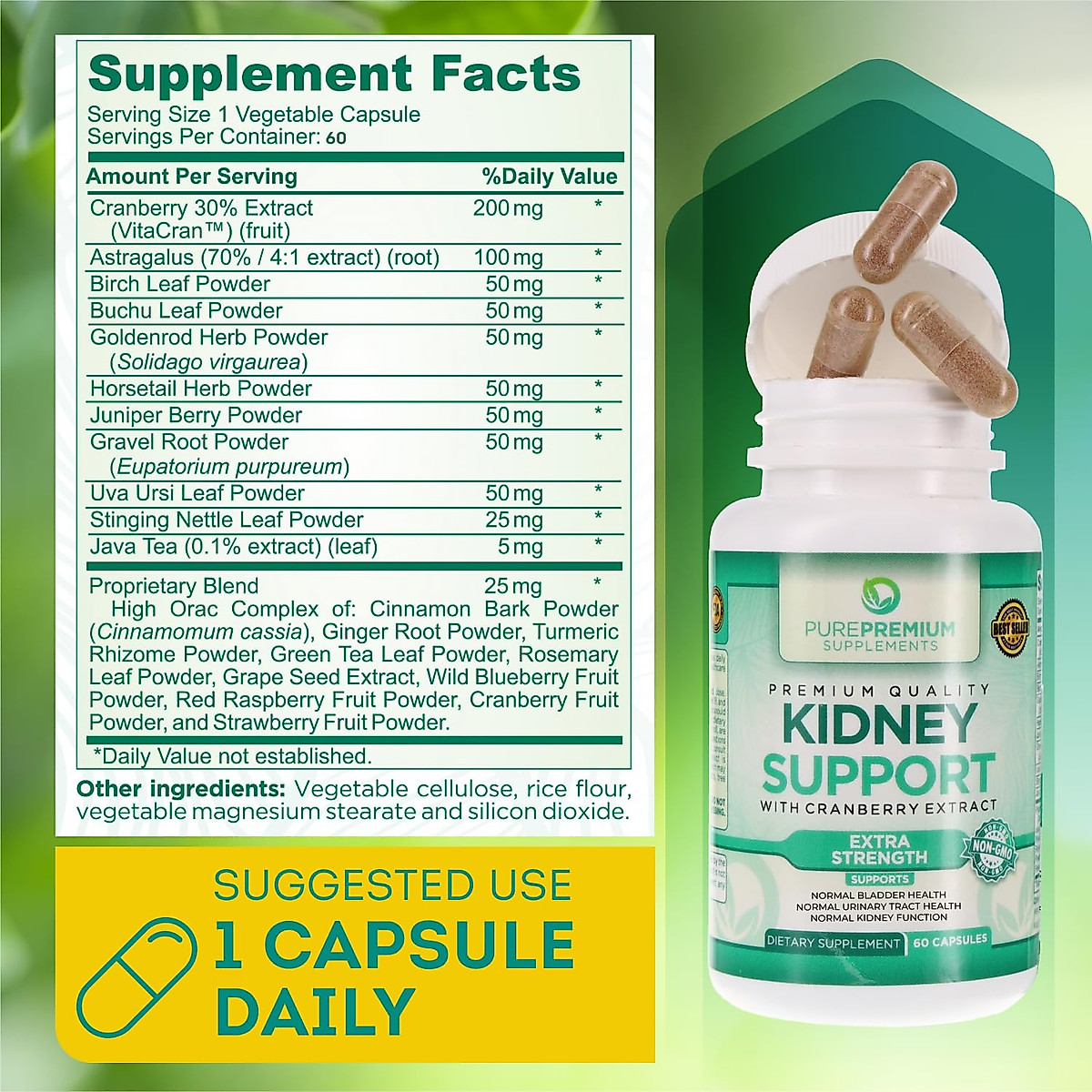 PurePremium Kidney Support Supplement with Cranberry Extract - Kidney Cleanse, Detox & Repair for Men and Women - Support for Normal Urinary Tract Health & Bladder - 2 Months Supply - 60 Capsules