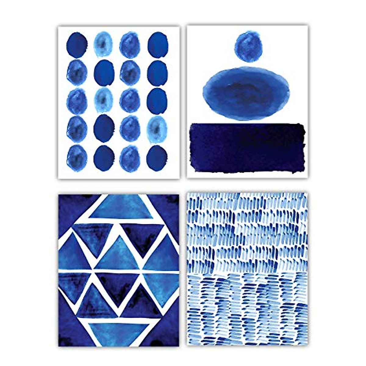 Abstract Blue No.7 Bold Geometric Shapes Wall Art Prints. Set of 4 8x10 UNFRAMED Modern Watercolor Decor. Shades of Navy, Royal, Indigo Blue & White.
