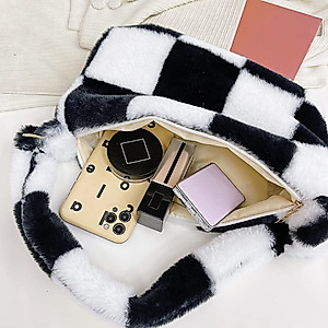 JQWSVE Fluffy Tote Bag Furry Shoulder Bag for Women Black and White Checkered Bag Large Plush Bag Fluffy Purse for Autumn and Winter