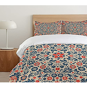 Ambesonne Paisley Duvet Cover Set, Floral Ornate Pattern Cultural Folk Persian Middle Eastern, Decorative 3 Piece Bedding Set with 2 Pillow Shams, Queen Size, Night Blue Orange Tan