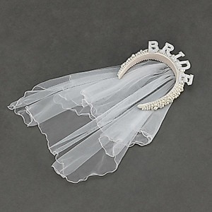 SWEETV Bride Headband with veil Bride to Be Headband Bachelorette Party Decorations Handmade Rhinestone Wedding Headband for Bridal Pearl Hair Accessories for Women Girls