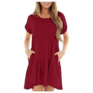 Padaleks Women's Summer Short Sleeve Tunic Dress O Neck Solid Casual Flowy Pleated Loose Mini Dresses w/Pockets