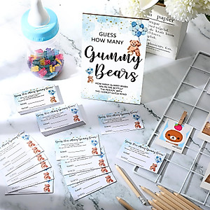 Qilery 122 Pcs Baby Shower Games Guess How Many Bears 100 Guessing Cards 20 Pencils 1 Baby Bottle 1 Wood Standing Sign for Baby Shower Games Gender Reveal Party Decoration (Blue)