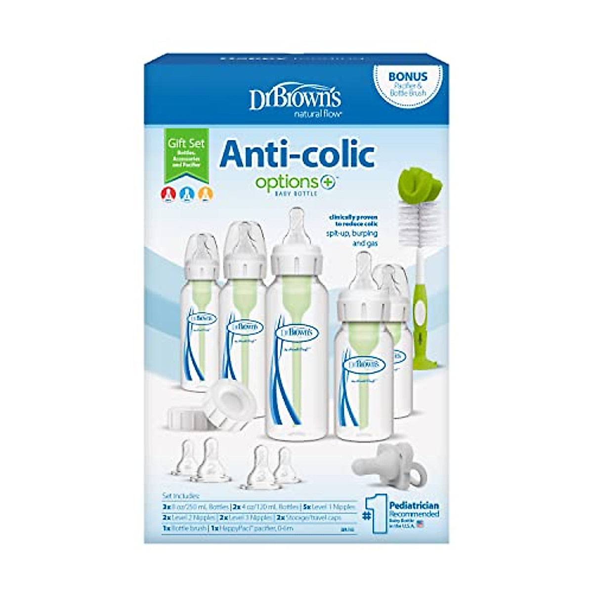 Dr. Brown's Anti-Colic Options+ Newborn Essentials Gift Set with 4oz and 8oz Baby Bottles, Baby Bottle Brush and HappyPaci