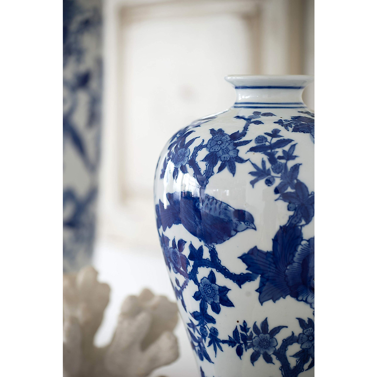 A&B Home 13'' Blue White Porcelain Jar Flower Planter Pot Home Decor Vase Hand Painted Floral Print Tall Vase Asian Decorations