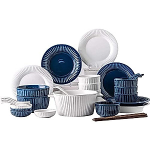 Dinnerware Set,46 Pieces White Blue Vertical Pattern Ceramics Dinner Sets Plates Bowls Combination for Family Party