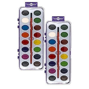 Emraw Assorted 16 Ct Color Washable Paint Easy Take-Off Semi Moist Watercolors with Brush Art Craft Tool - for School & Home (Pack of 2)