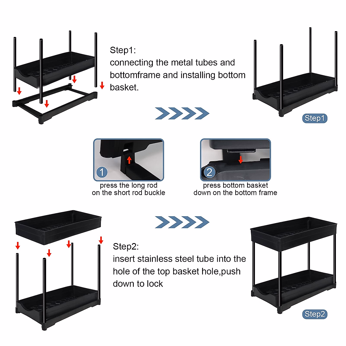 sulela Under Cabinet Basket Organizer and Storage with Sliding Drawer, 2 Tier Under Sink Storage Rack with 4 Hooks, Under Sink Organizers and Storage Black Under Sink Storage for Bathroom Kitchen